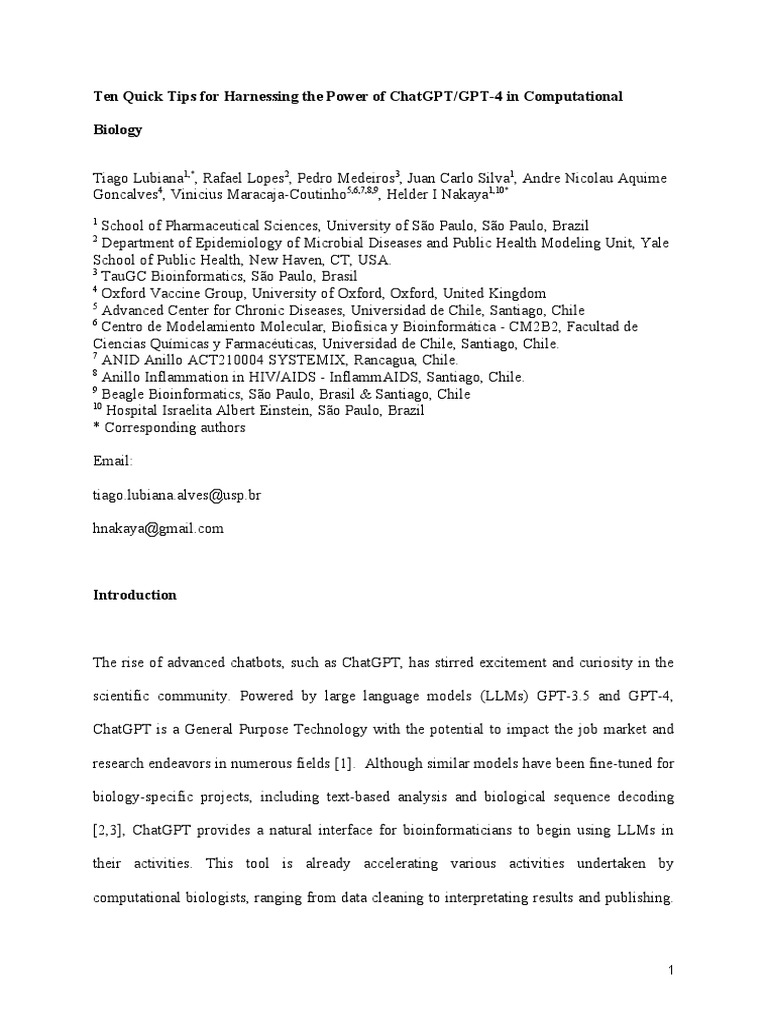 Ten Quick Tips For Harnessing The Power of ChatGPT-GPT-4 in Computational Biology | PDF ...