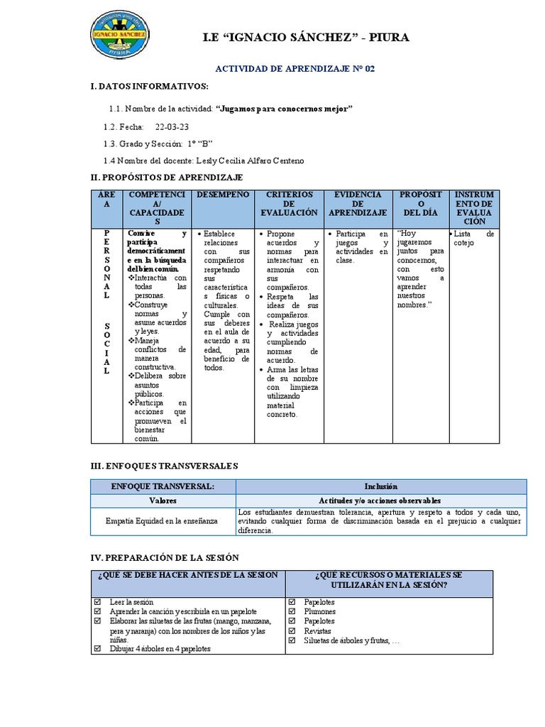 Sesión 1b Jugamos Para Conocernos Mejor Pdf