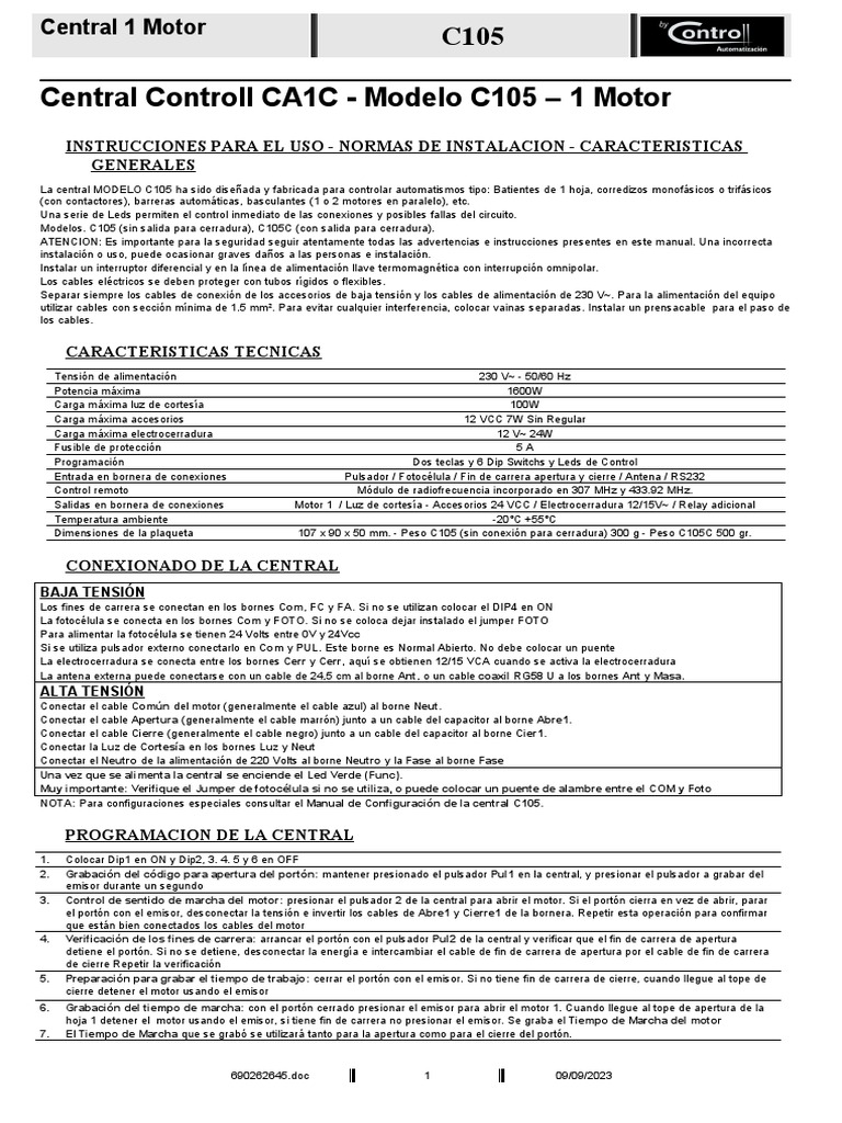Manual de Uso Central C105 Motor | PDF | Diodo emisor de luz | Componentes