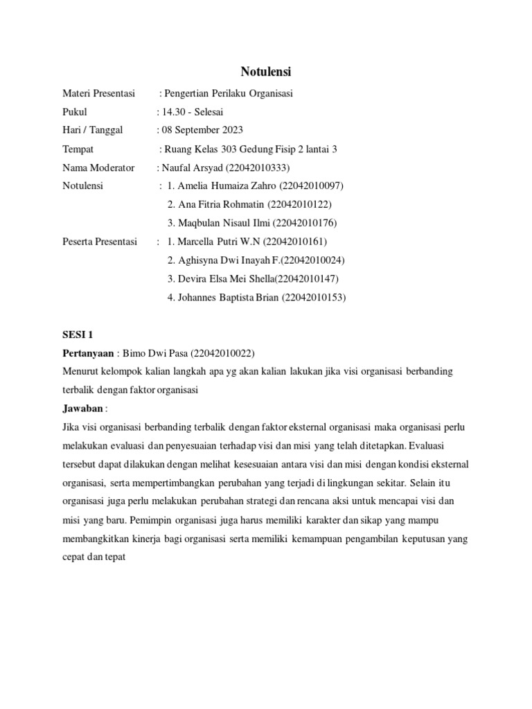 Notulensi Kelompok 7 - Pengertian Perilaku Organisasi | PDF