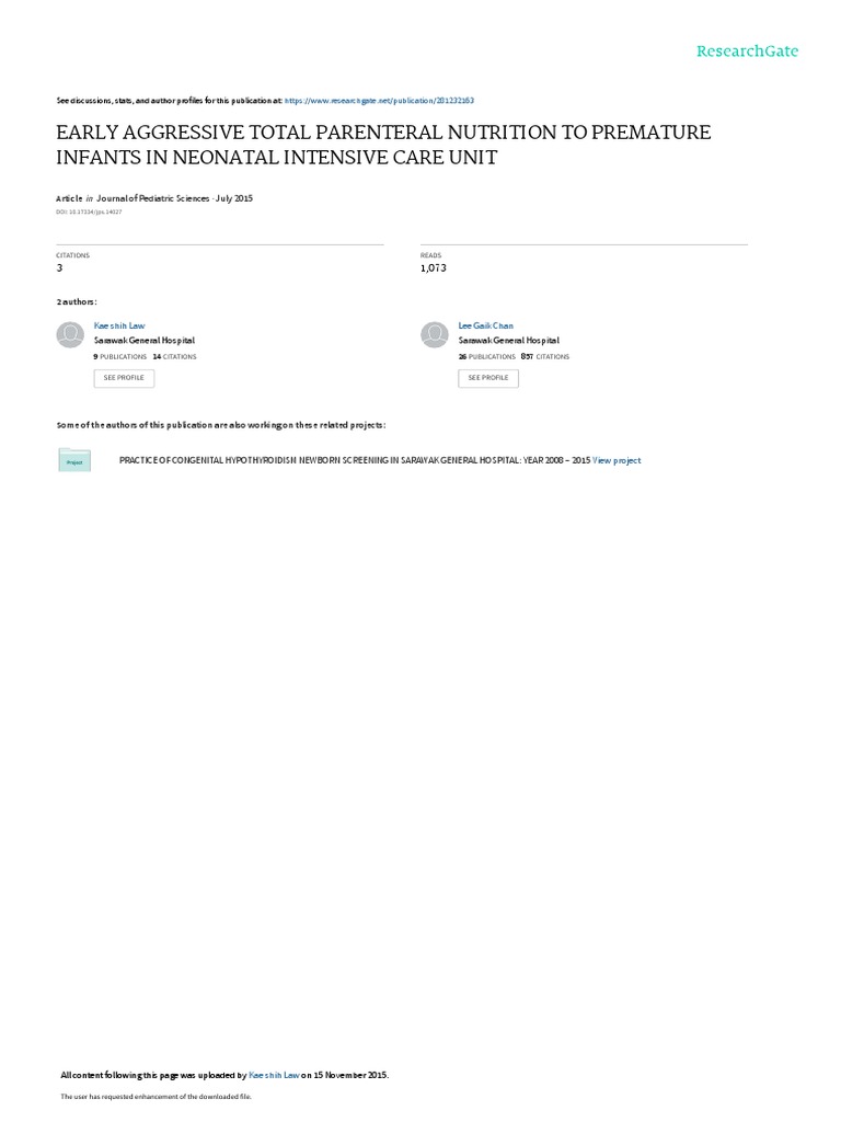 Early Aggressive Total Parenteral Nutrition To Pre | PDF | Low Birth ...