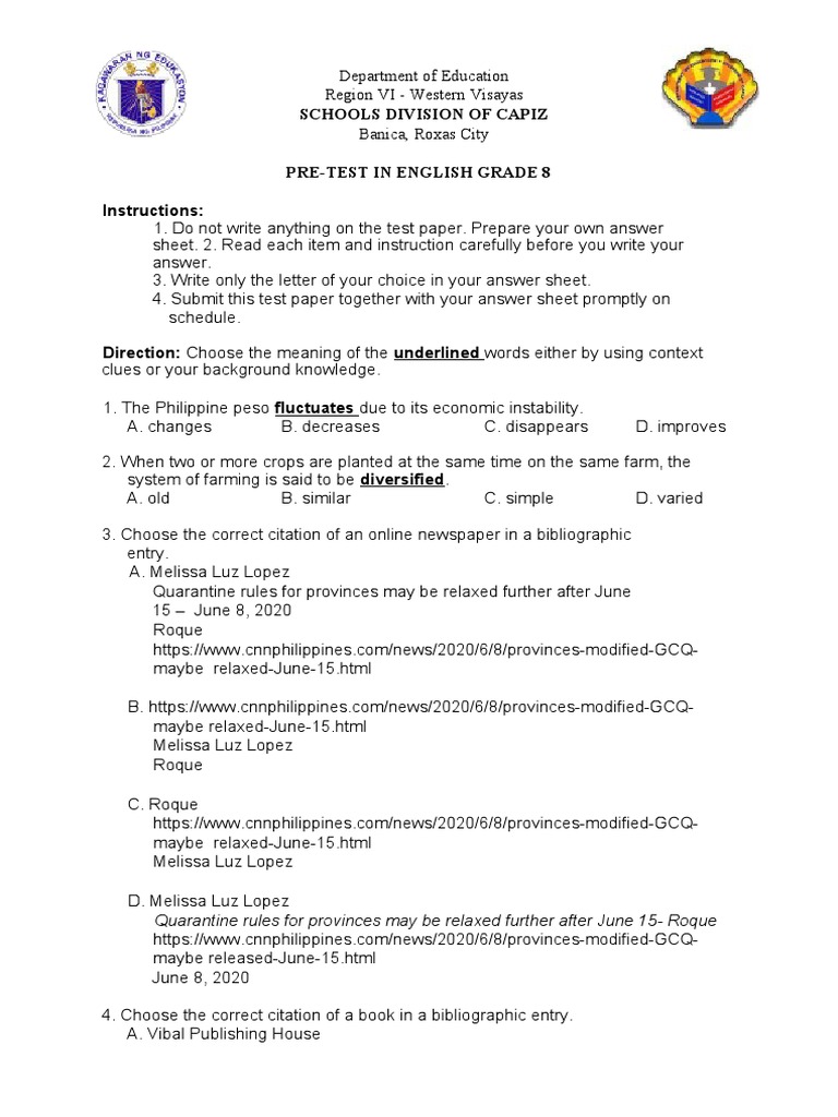 Pre Test English Grade 8 | PDF