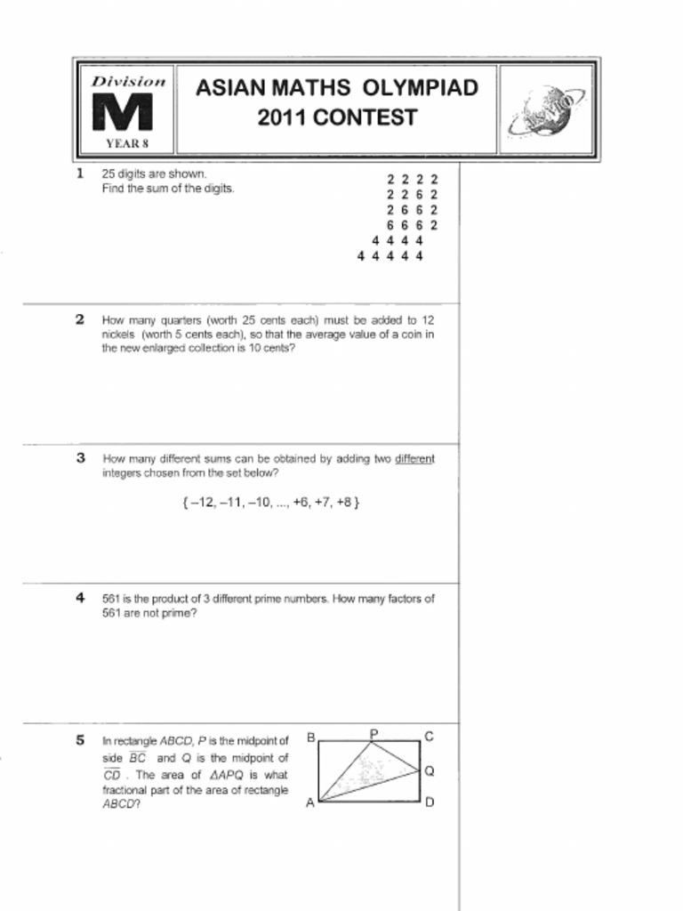 Aavisien' - Asian Maths Olympiad 2011 Contest: 1 25 Digits Are Shown ...