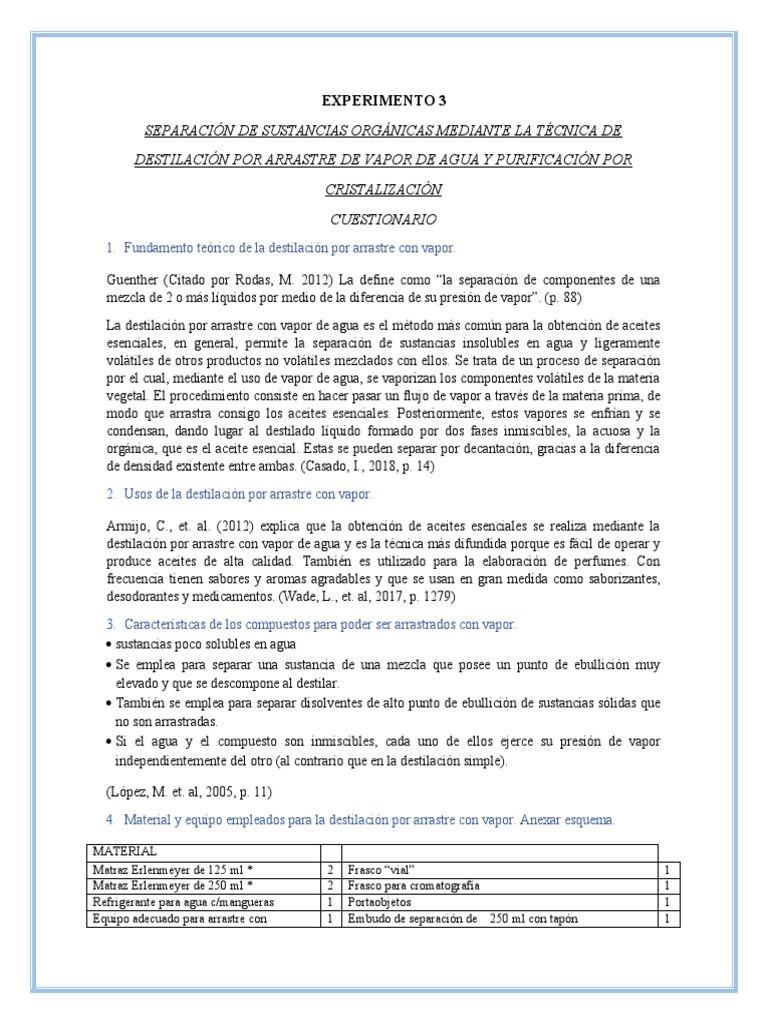 Cuestionario Experimento 3 | PDF | Destilación | Enlace de hidrógeno