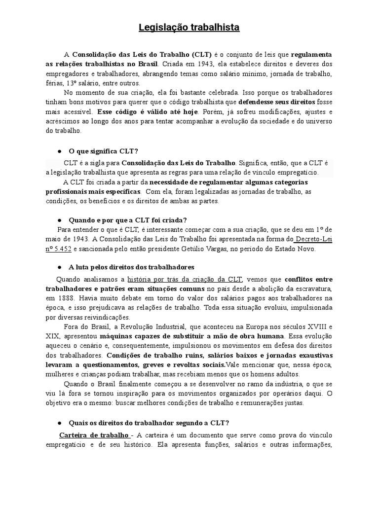 Consolidação Das Leis Do Trabalho (CLT) | PDF