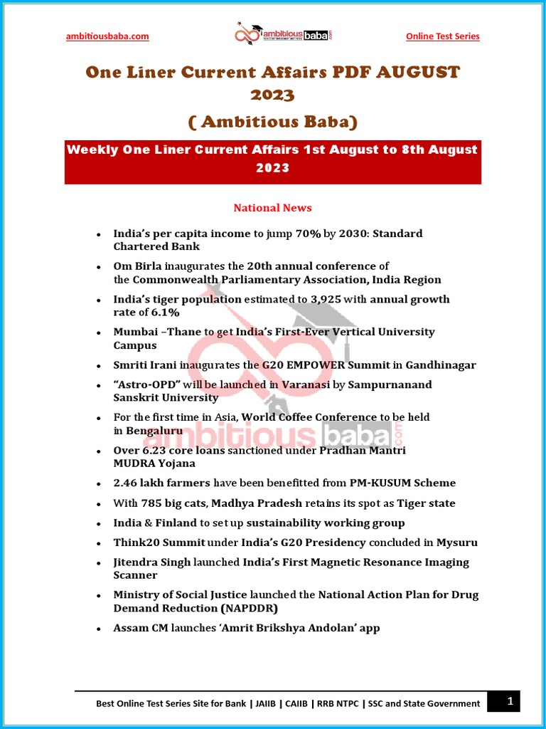 August Oneliners Current Affairs PDF 2023 Ambitious - Baba | PDF | Reserve Bank Of India