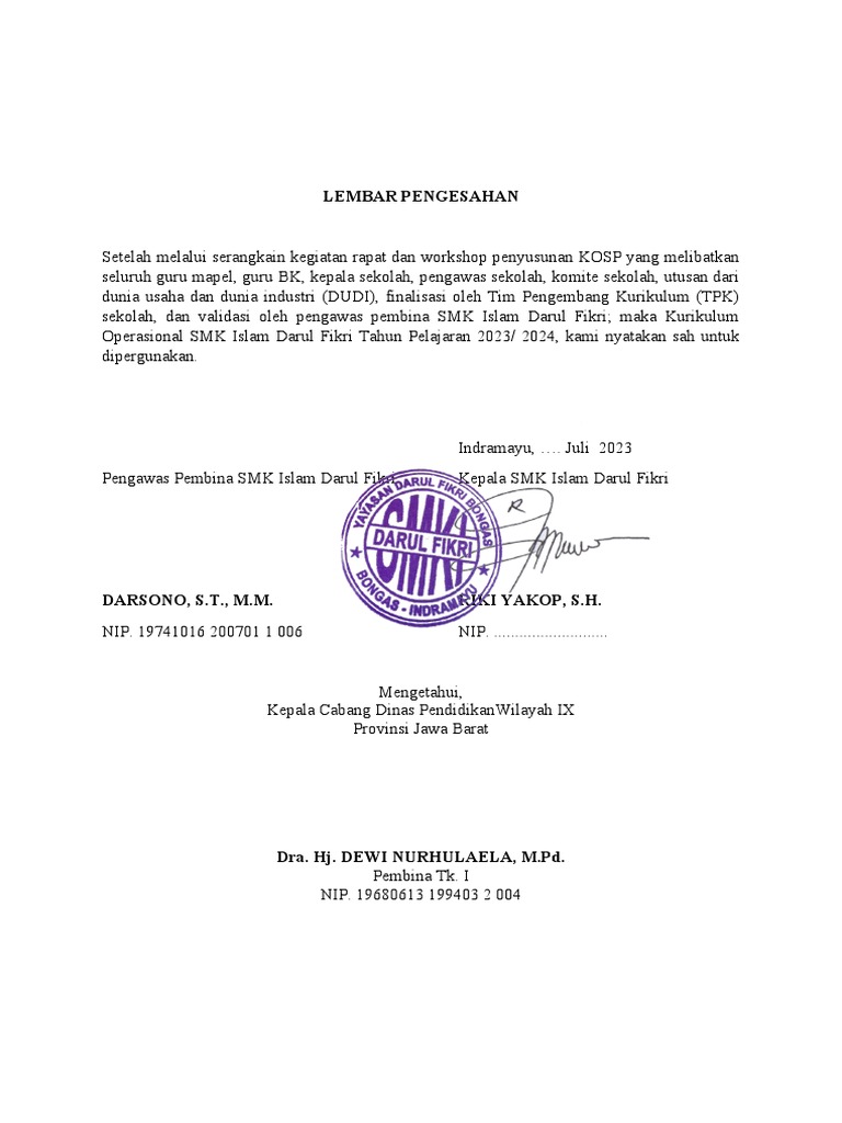Lembar Pengesahan KOSP 2023 | PDF