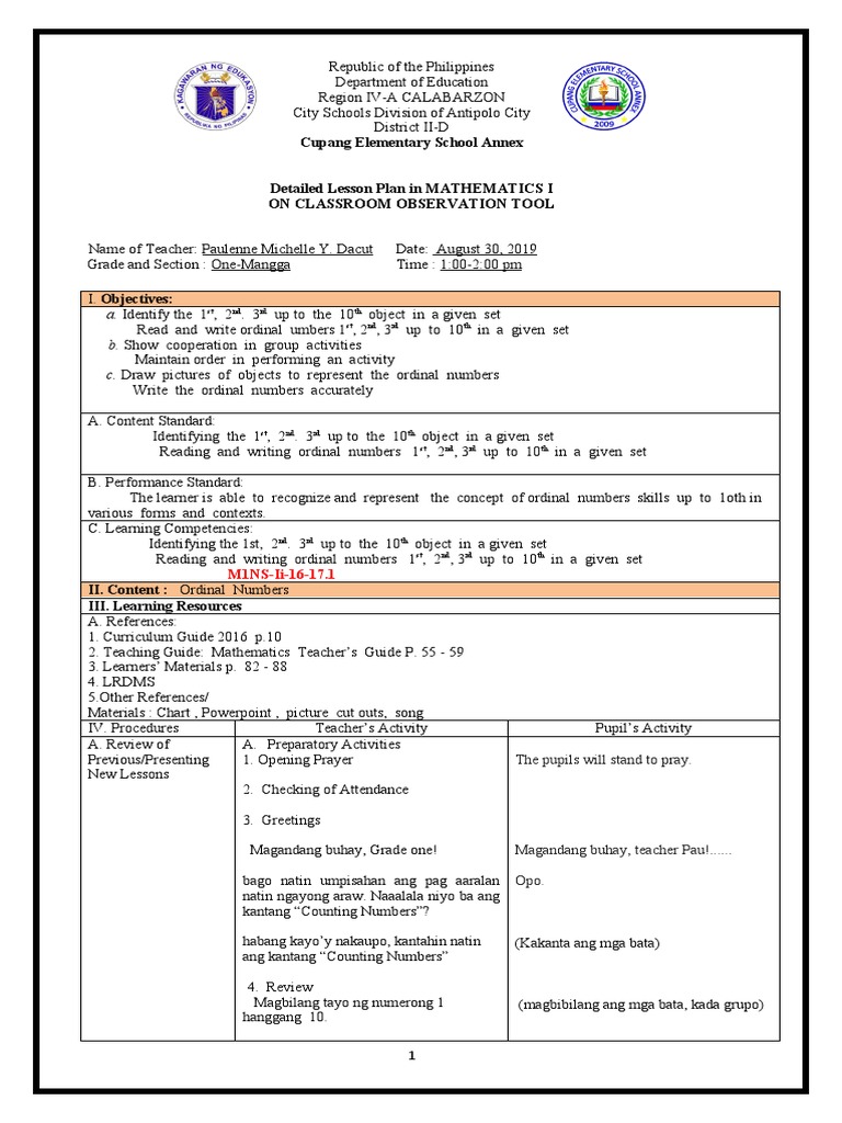 Detailed Lesson in Math 1 - Ordinal Numbers - Docx Version 1 | PDF