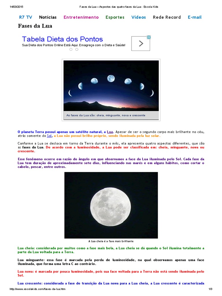 Fases Da Lua - Aspectos Das Quatro Fases Da Lua - Escola Kids | PDF