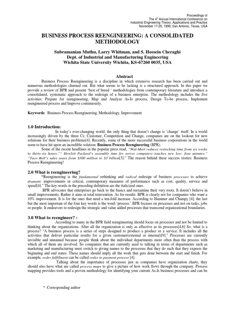 Bpr Methodology Pdf Business Process Systems Science