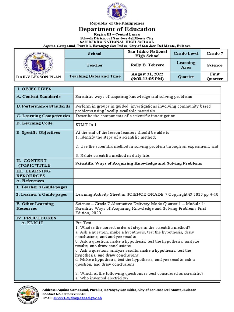 RTEBRERO DLL Q1 SCIENCE 7 August 31 Scientific Ways of Acquiring ...
