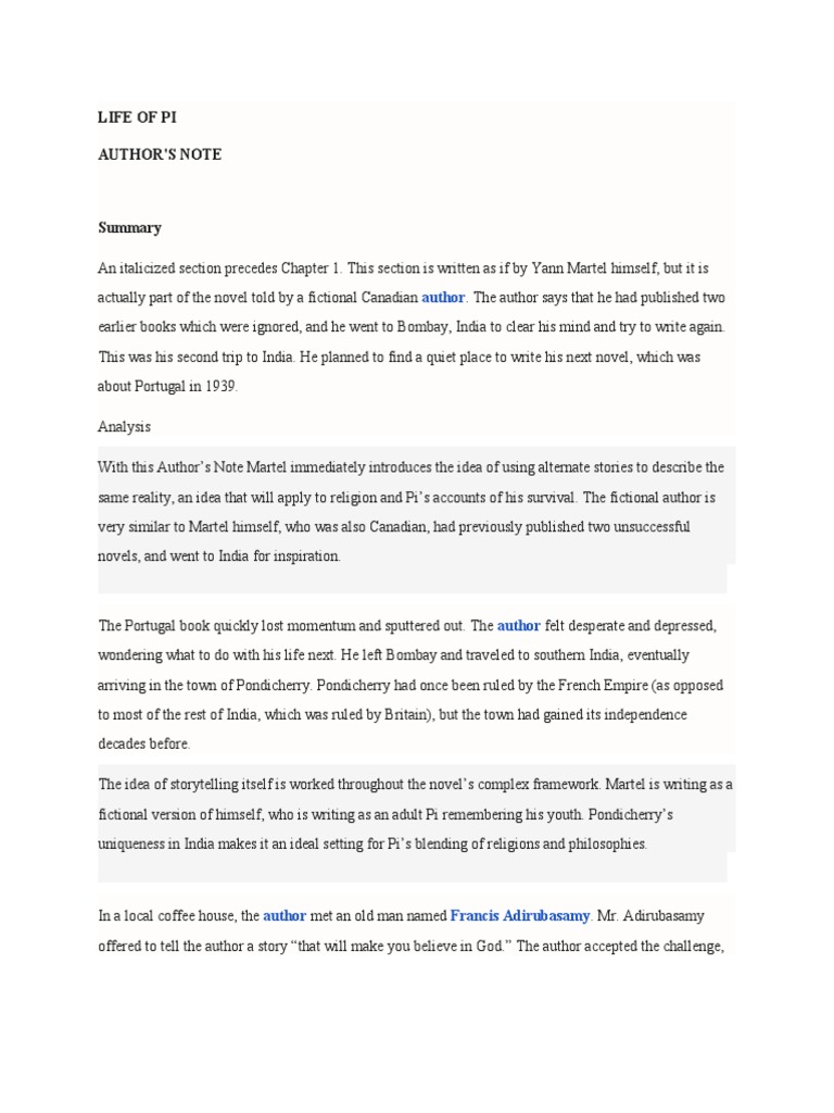 Life of Pi: Author's Note Summary | PDF