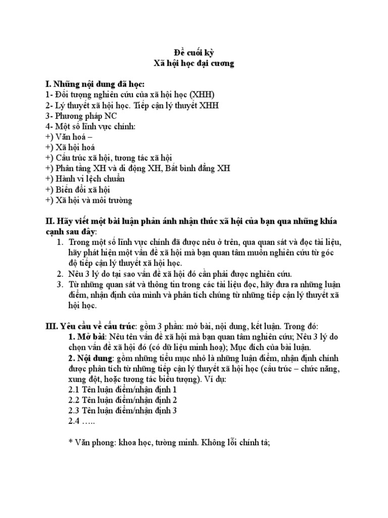Đề cuối kỳ-Tiểu luận XHH ĐC | PDF