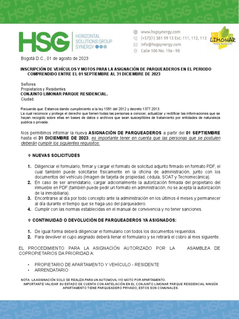 Carta Responsabilidad Parqueadero | PDF