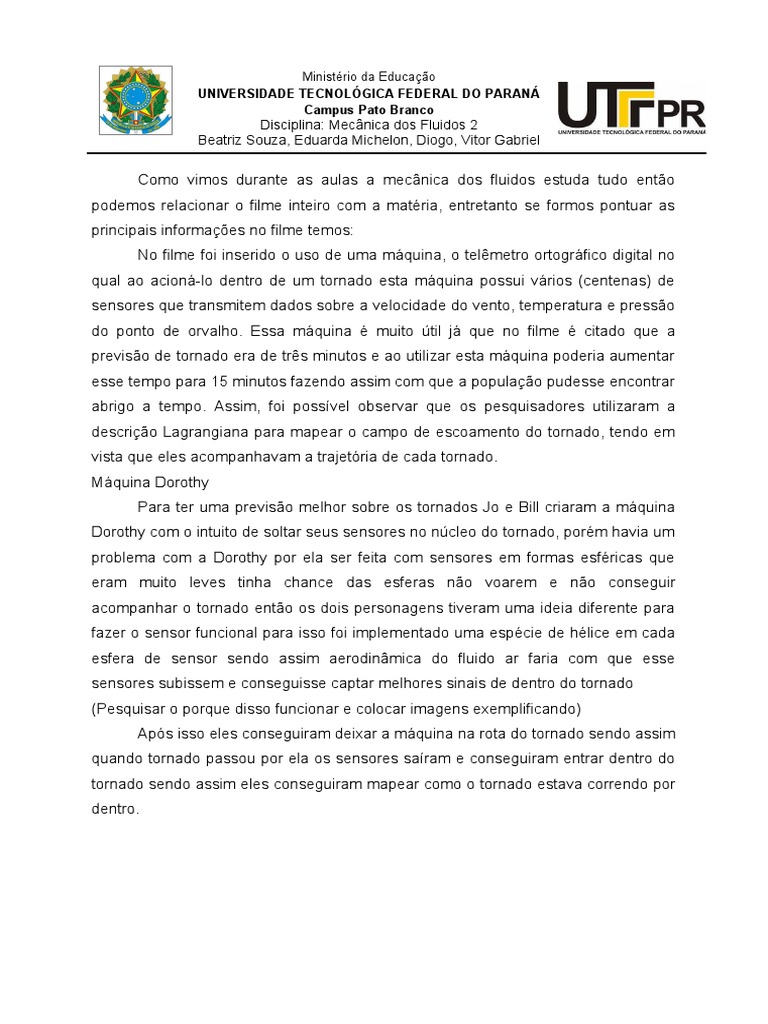 Atividade 2 Mec Flu 2 - Relatorio Do Filem Twister | PDF