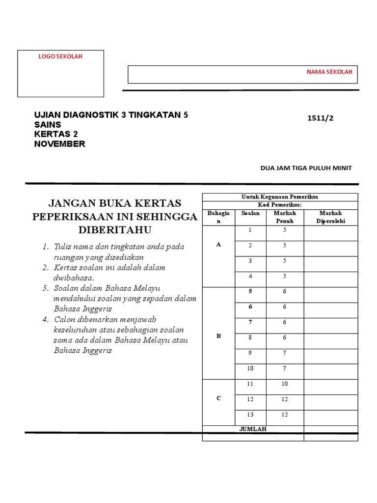 Muka Hadapan Sains Kertas 2 Ud3 - Tingkatan 5 | PDF