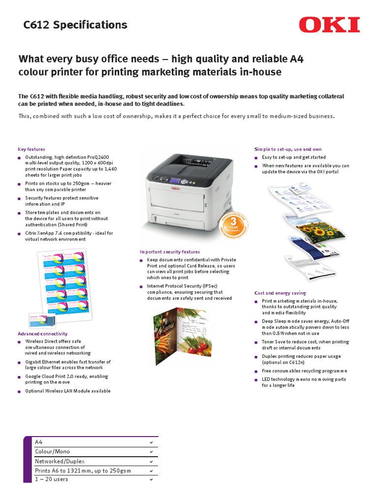 C612 Specification Sheet tcm90-71922 | PDF | Printer (Computing) | Wireless Lan