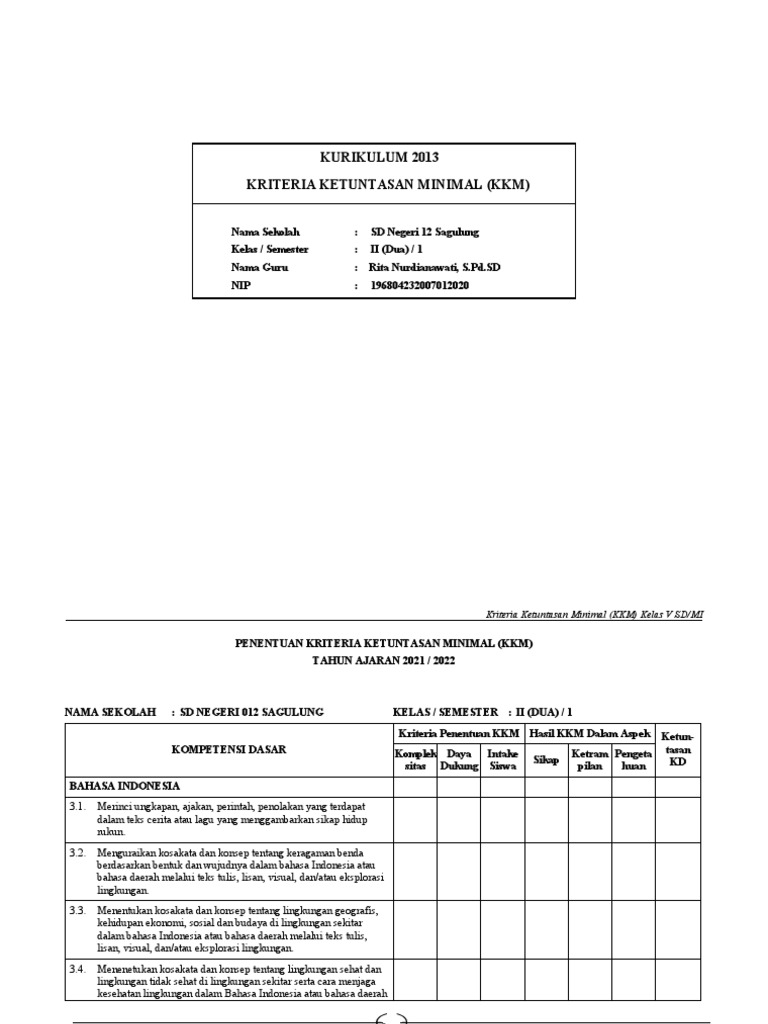 KKM Kelas 2 | PDF