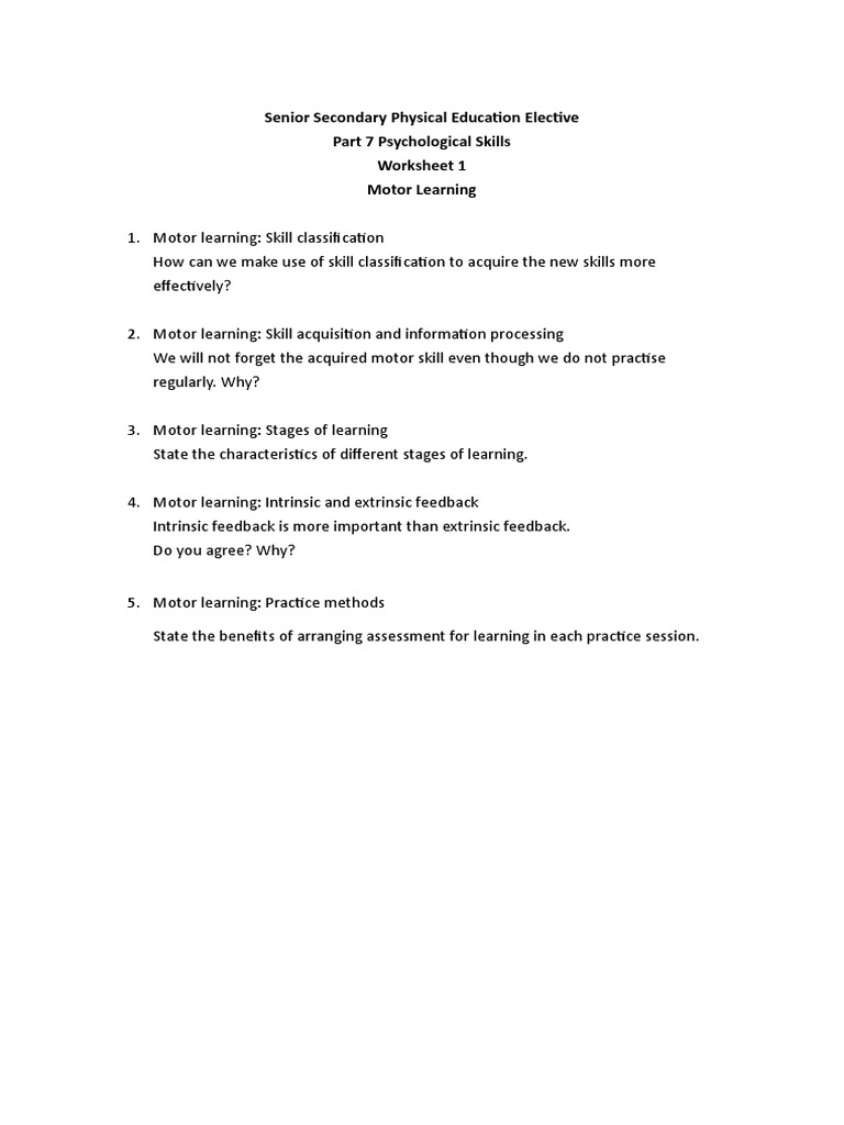 Motor Learning Worksheet | PDF | Career & Growth