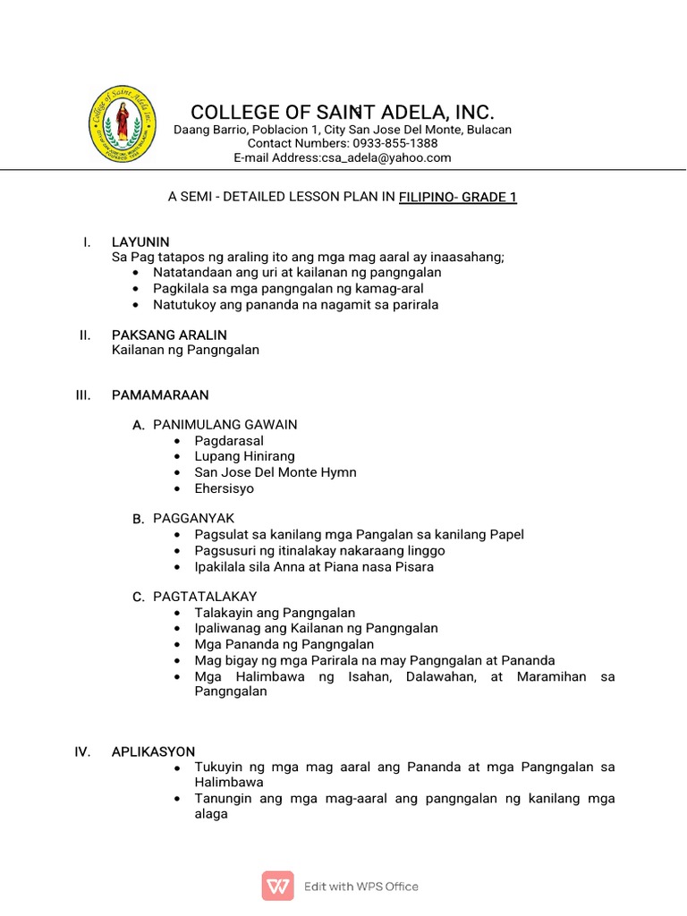Semi Detailed Lesson Plan in Filipino Grade I | PDF