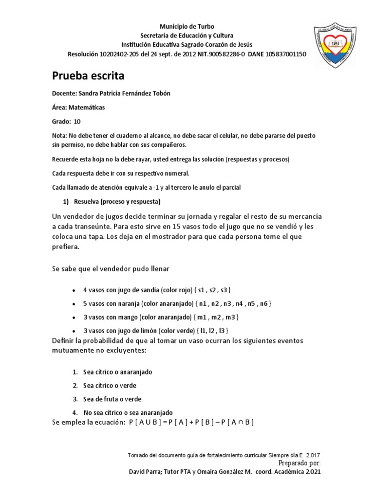 Prueba Escrita 2de Matemáticas 10 | PDF