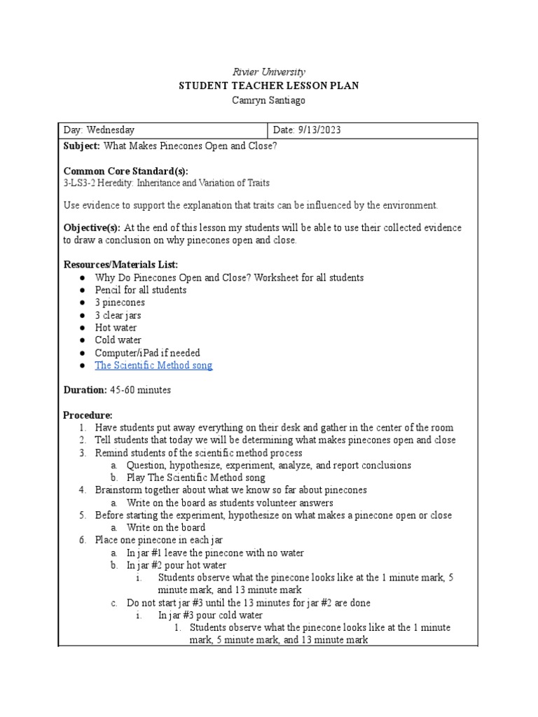 Pinecone Experiment Lesson Plan | PDF | Language Arts & Discipline ...
