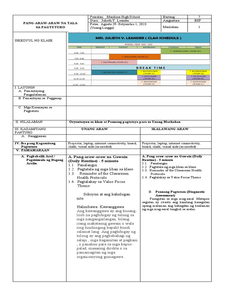 EsP 7 Q1 w1 ORIENTATION AND DIAGNOSTIC | PDF