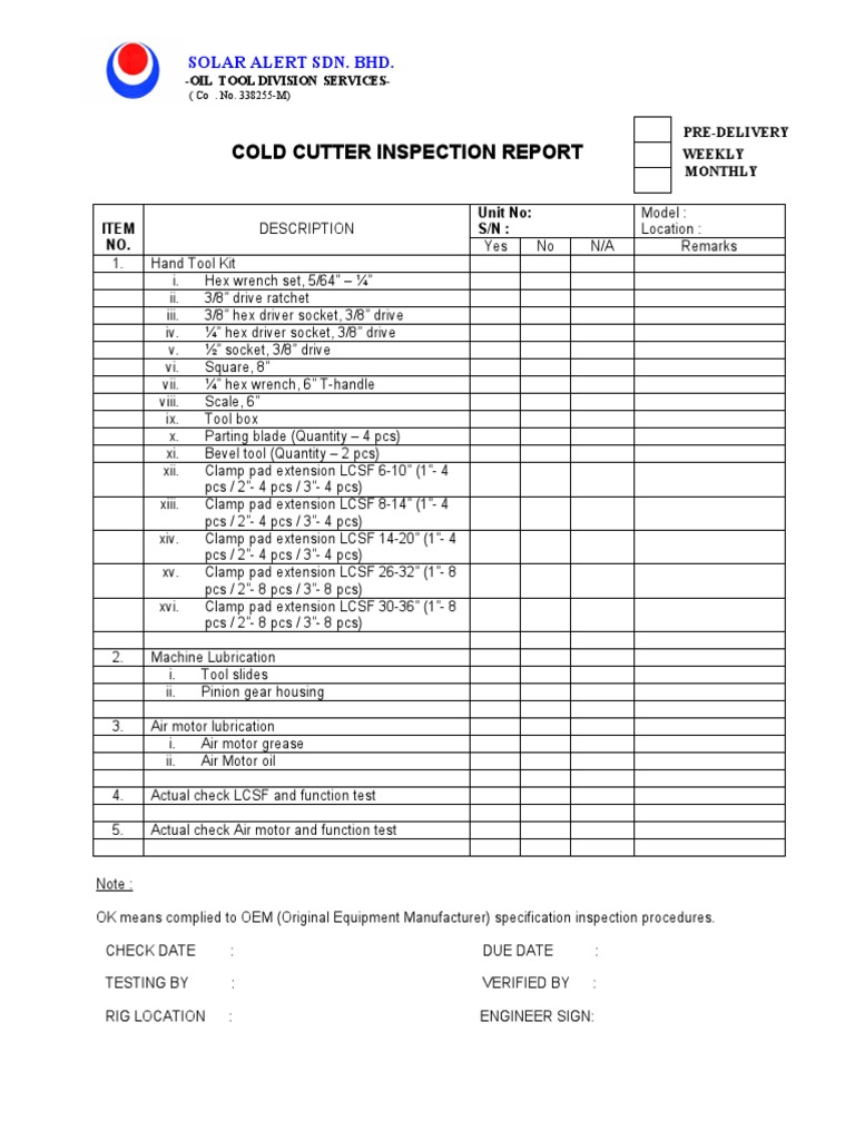 Cold Cutter Inspection Report - Empty Form | PDF