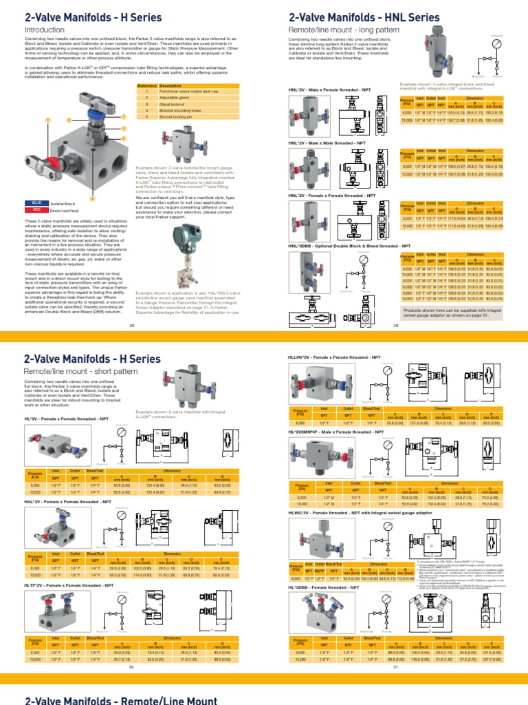 Parker H Series 2-Valve Manifold Catalog | PDF | Valve | Gas Technologies
