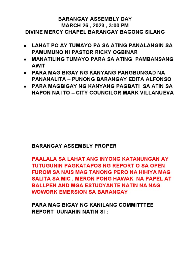 Barangay Assembly Day | PDF
