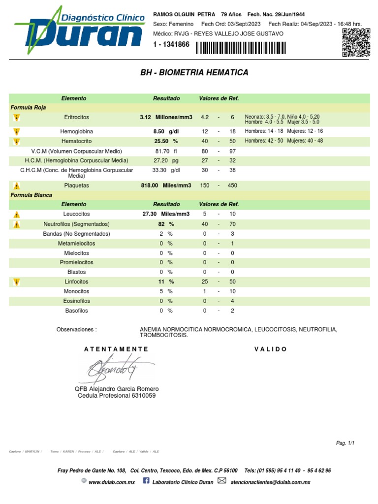 BH - Biometria Hematica: Elemento Resultado Valores de Ref. Formula ...