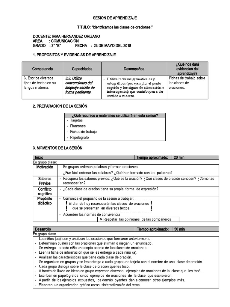 Sesion de Aprendizaje Clases Oraciones | PDF