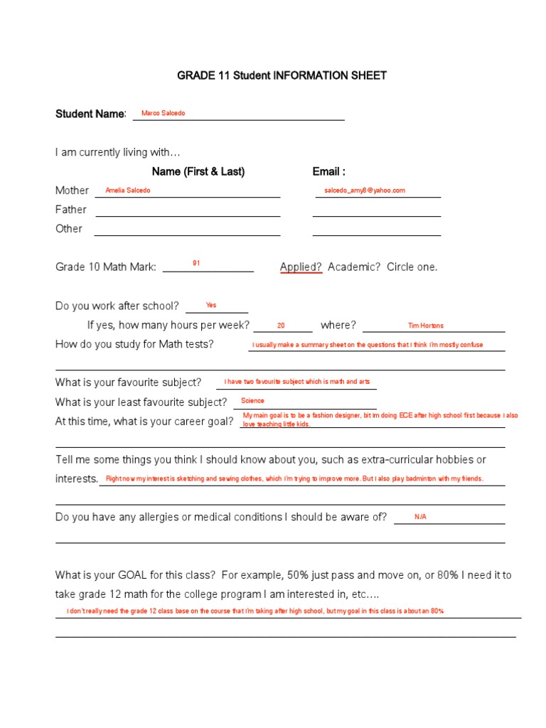 Grade 11 Math Student Information Sheet | Download Free PDF ...