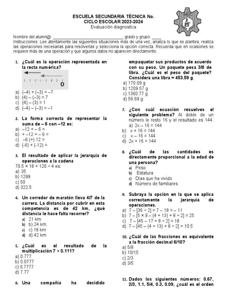 Examen Diagnostico Segundo Grado | PDF