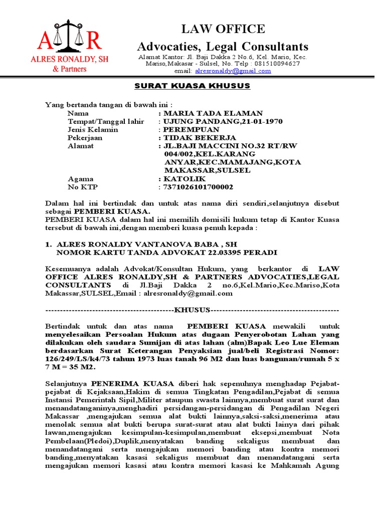 Surat Kuasa Ibu Maria Tada Eleman-1 | PDF