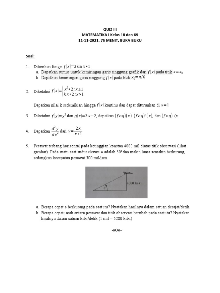Quiz III Mat 1 2021-22 Kelas 18-69 | PDF