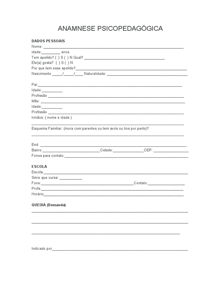 Anamnese Psicopedagógica | PDF | Medicina Clínica