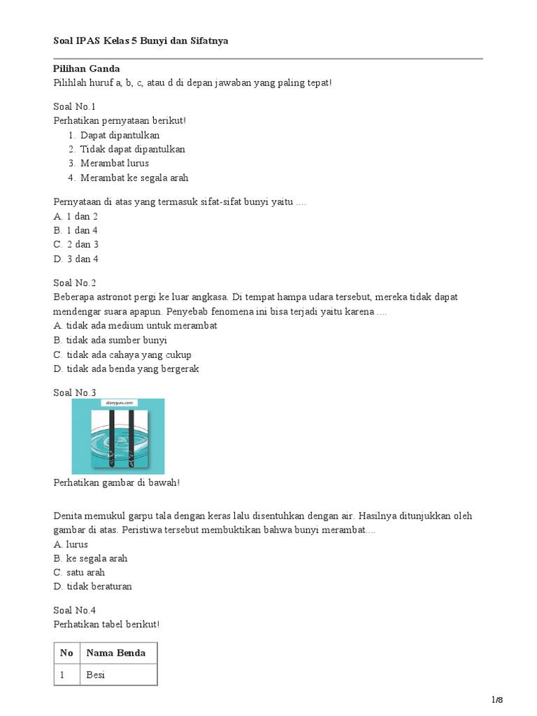 Soal IPAS Kelas 5 Bunyi Dan Sifatnya | PDF | Kajian Bahasa Asing | Seni