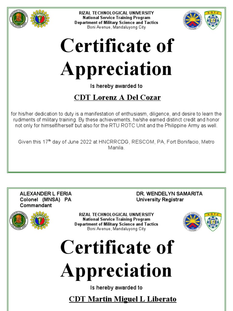 Certificate of Appreciation | PDF | Manila | Military Units And Formations