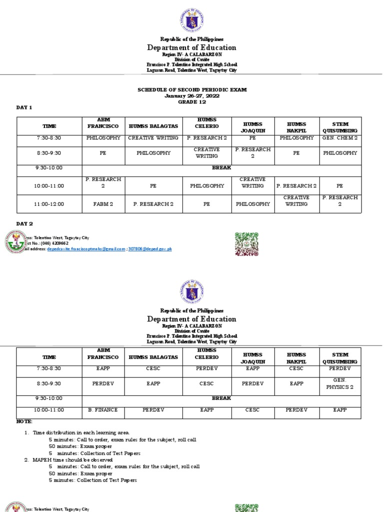 G12 2nd Periodic-Test-Schedule | PDF