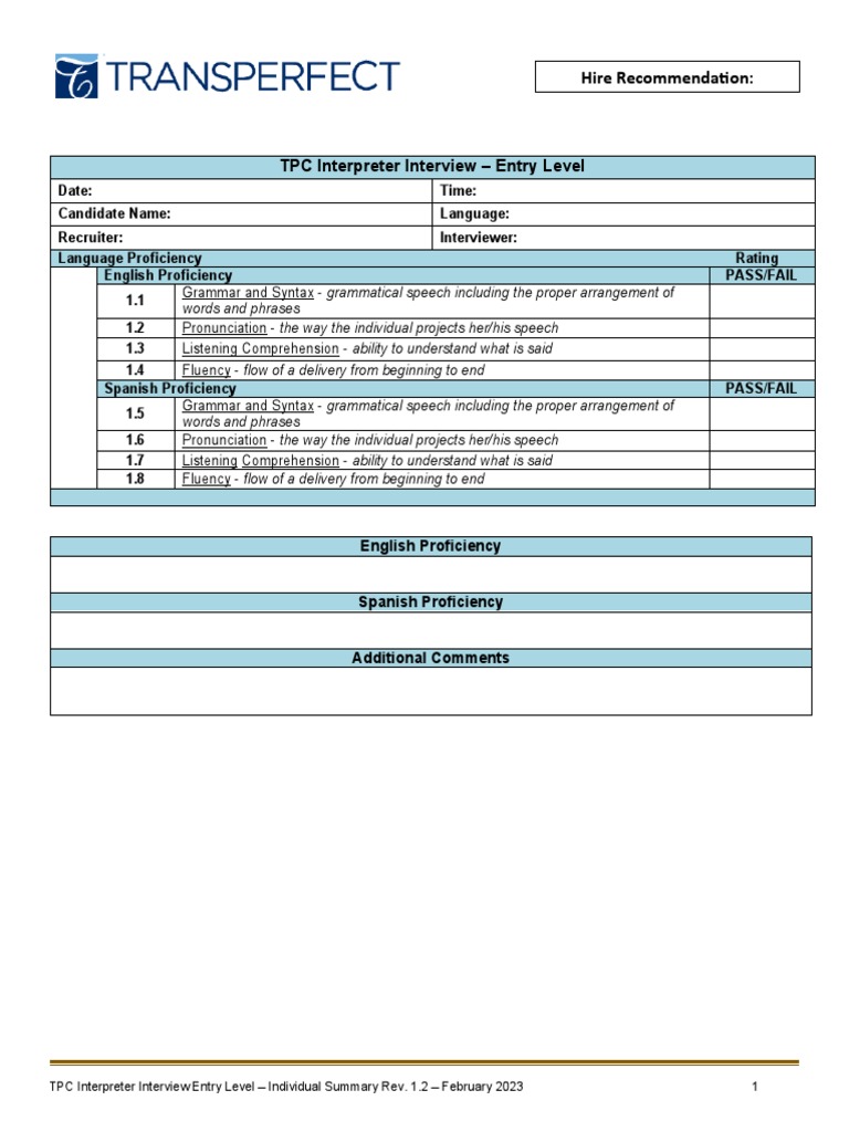 SPA TPC Interpreter Interview - Entry Level (ELI) V1.3 | PDF | Language Interpretation | Grammar