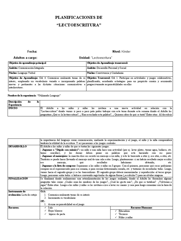 Planificaciones Del Nivel Kinder Del Tema Lectoescritura Nuevas | PDF ...