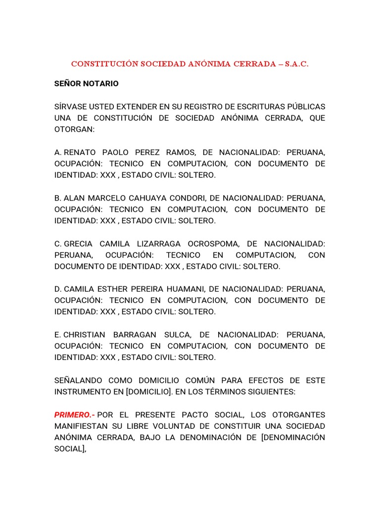Constitución Sociedad Anónima Cerrada | PDF | Business | Justicia