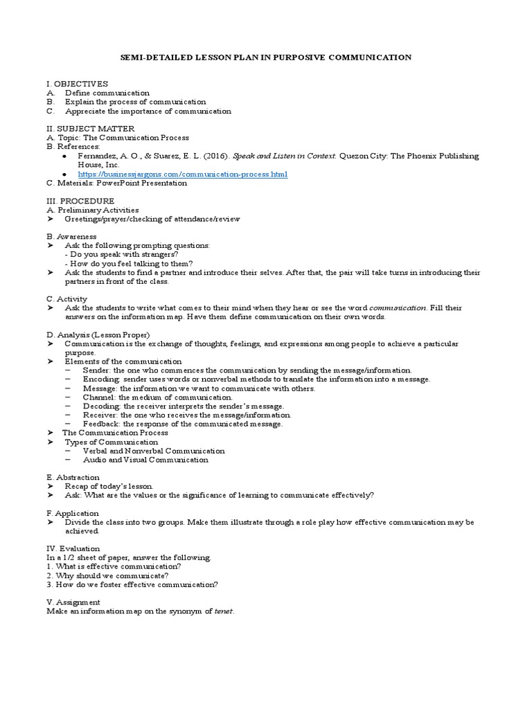 Lesson Plan For Purposive Communication 1 | PDF