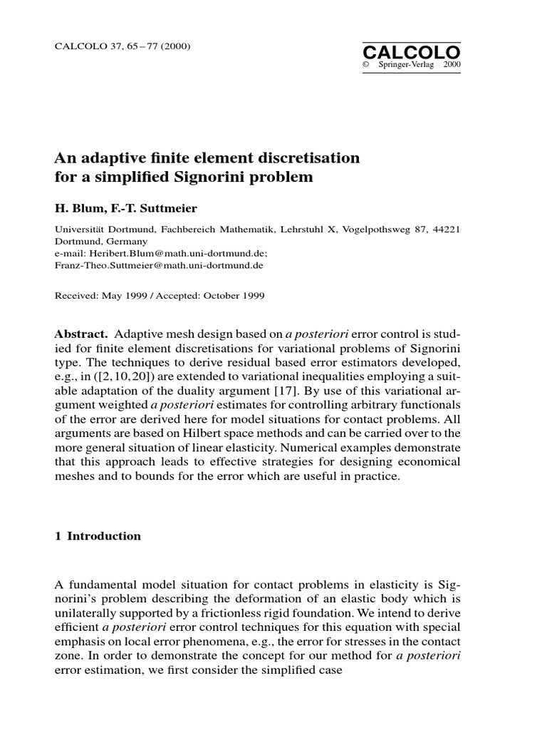 An Adaptive Finite Element Discretisation For A Simplified Signorini Problem | PDF | Finite ...