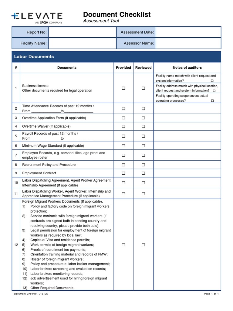 EVT-ASMT - TMP - Document Checklist - V13 - EN | PDF