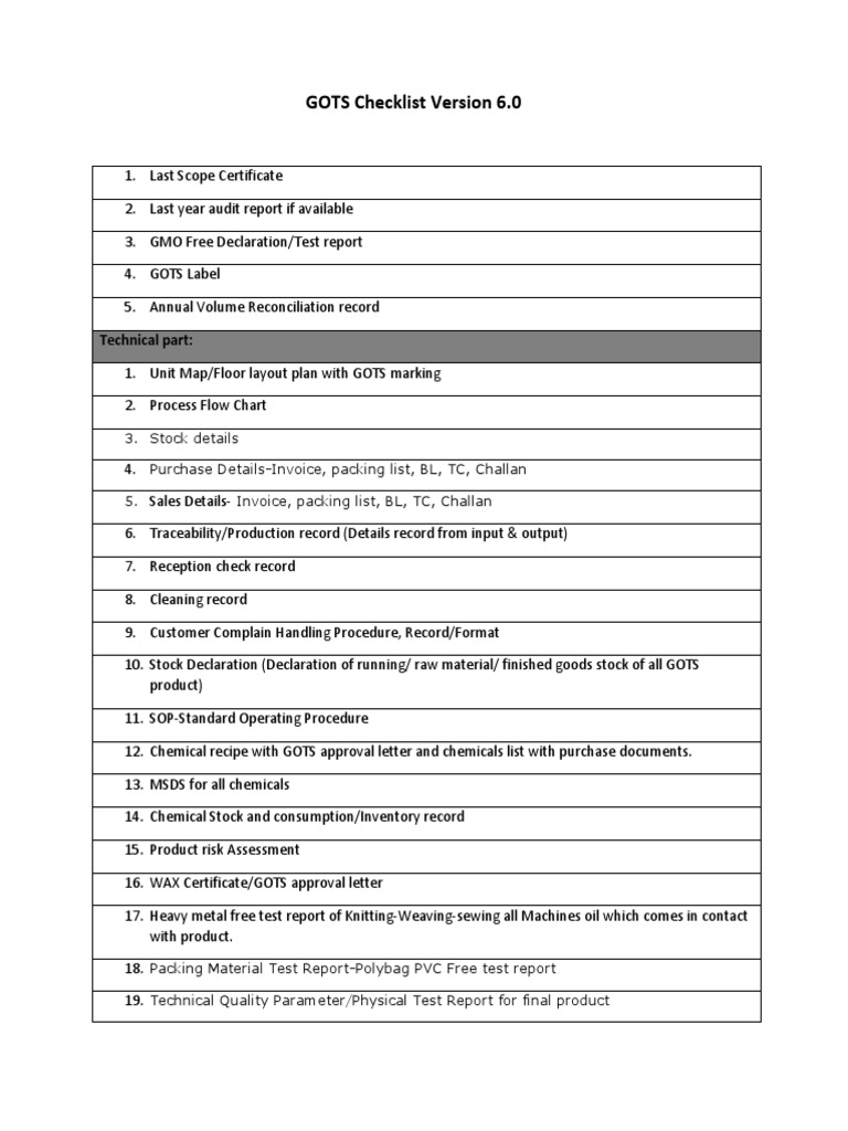 GOTS Checklist Version 6 | PDF