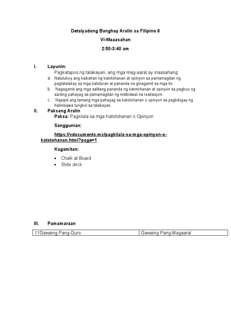 Filipino 6 - Katotohanan at Opinyon - Lesson Plan | PDF