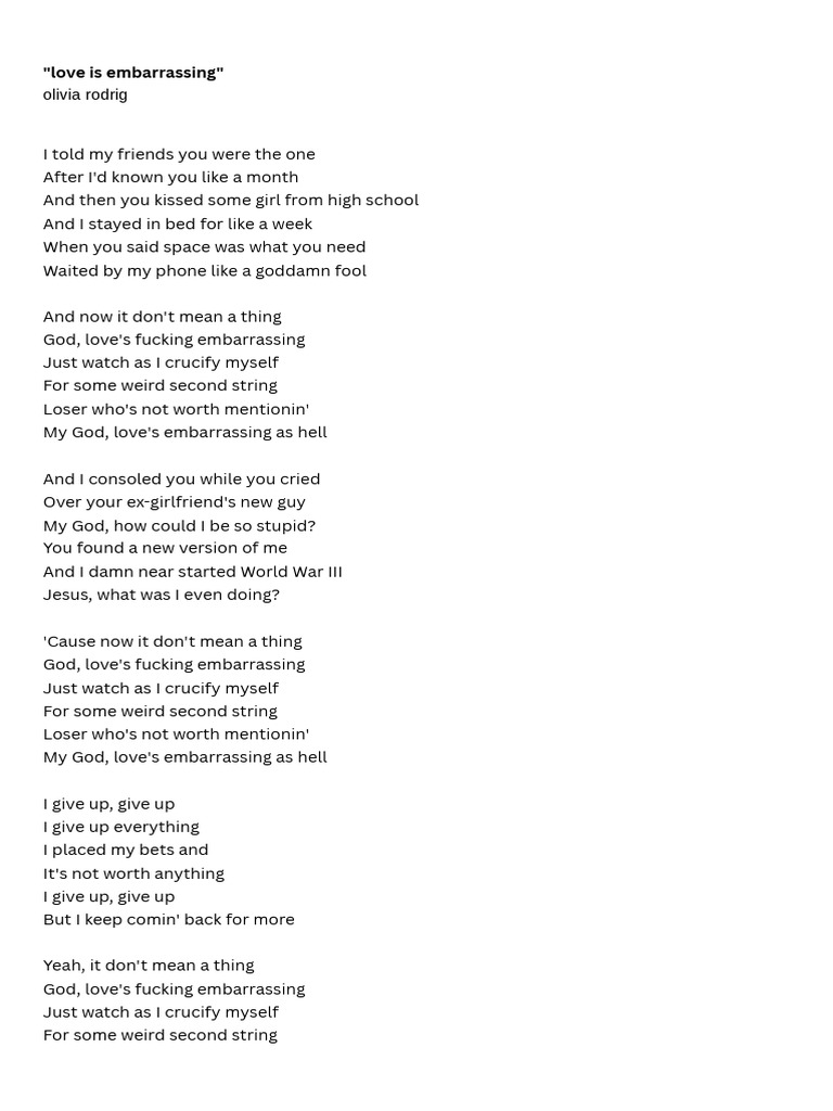 Olivia Rodrigo "Love is Embarrassing" Lyrics | PDF