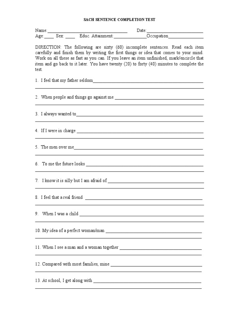 Questionnaire SENTENCE COMPLETION TEST | PDF